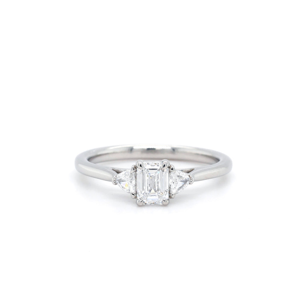 Platinum Three Stone 0.7ct Emerald Cut Diamond Ring – BALDWIN Jewellery